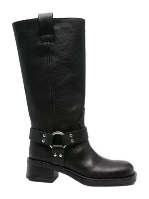 GISEL MOIRE 45mm Ring Buckle Leather Boots - Black