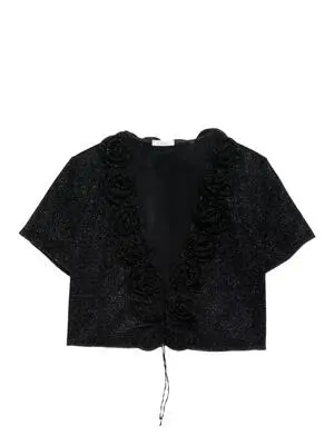 Oseree Glitter-detail Top With Rose Embellishment - Black