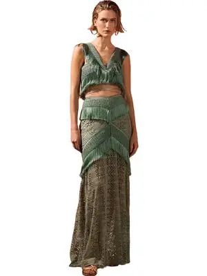 PatBO Samba Fringe Long Skirt - Green