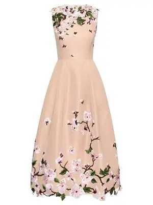 Oscar De La Renta Cherry Blossom Embroidered Faille Dress - Red