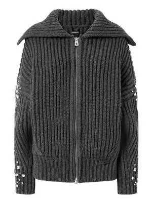 Pinko Crystal-Embellished Ribbed Cardigan Grey