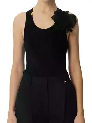 Elisabetta Franchi Ribbed Knit Top With Flower Applique - Black