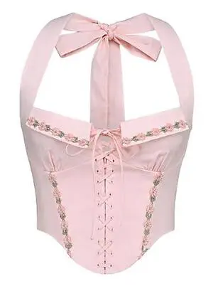 House Of Cb Floral-embroidered Corset Top - Pink