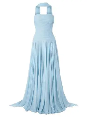 MARMAR HALIM Strapless Scarf-detailed Plissé Silk-georgette Gown - Blue