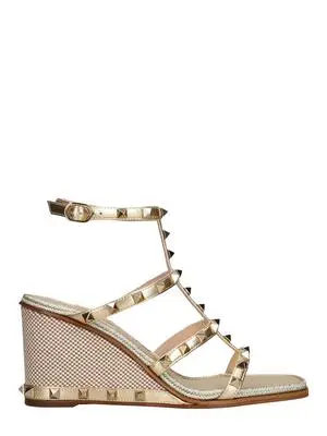 Valentino Garavani Leather Rockstud Espadrille Wedges 80 - Beige