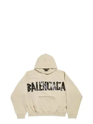 Balenciaga Cotton Distressed Tape Logo Hoodie - Beige