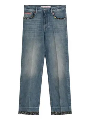 Valentino Garavani Washed Denim Jeans With Floral Details - Blue