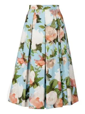 Erdem Floral Pleated Cotton Midi Skirt - Blue