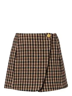 GANNI Checked Wool Wrap Skirt - Brown