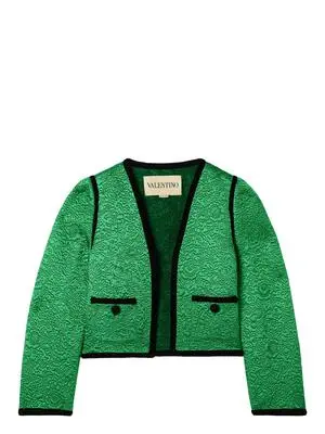 Valentino Garavani Velvet-trimmed Floral-jacquard Wool And Silk-blend Satin Jacket - Green