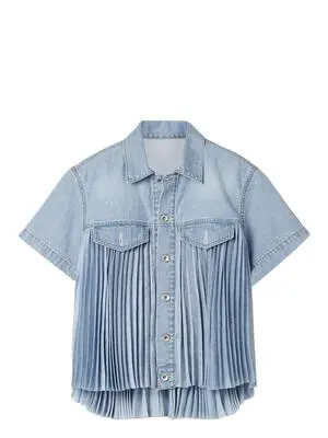 Sacai Denim-paneled Pleated Printed Crepe De Chine Shirt - Blue