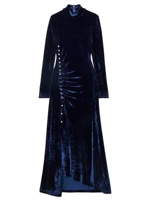 Rabanne Asymmetric Ruched Embellished Velvet Turtleneck Dress - Blue