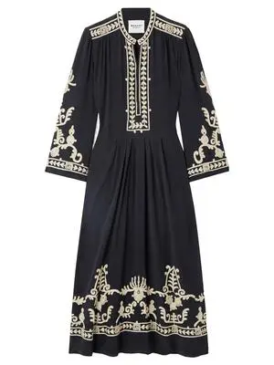 MARANT ETOILE Embroidered Pleated Crepe Midi Dress - Black