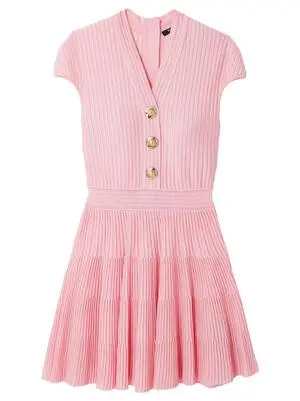 Balmain Button-embellished Ribbed-knit Mini Dress - Pink