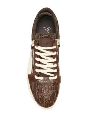 GIUSEPPE ZANOTTI Croc-effect And Suede Zip-up Low-top Sneakers - Caffe