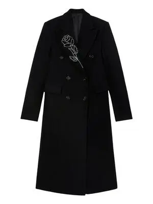 Blumarine Floral-embroidered Double-breasted Coat - Black