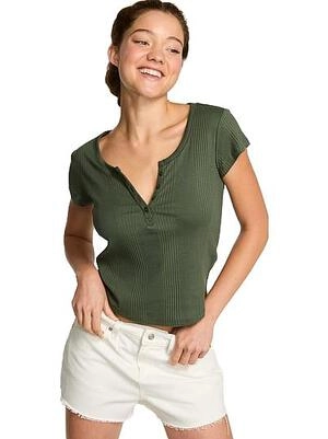 Pink Multi Rib Henley Tee - Green