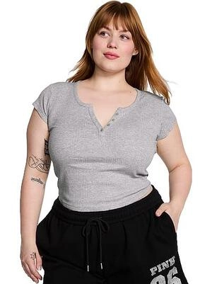 Pink Multi Rib Henley Tee - Grey