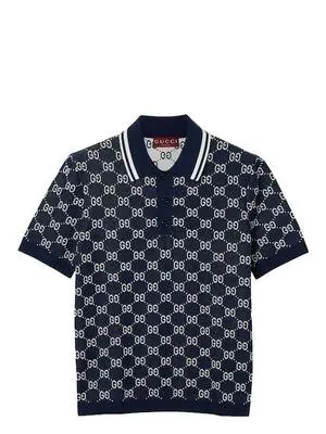 Gucci Gg Cotton Knit Jacquard Polo Shirt - Blue