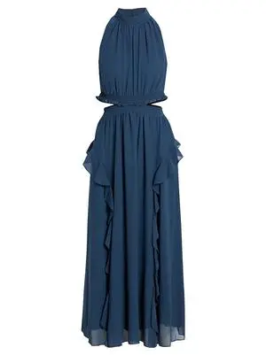 Diane Von Furstenberg Cutout Ruffled Chiffon Maxi Dress - Navy