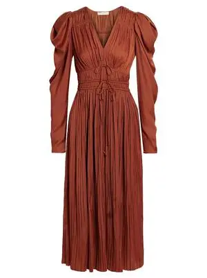 Ulla Johnson Lelou Pleated Satin Midi Dress - Brown