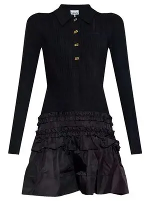 GANNI Ribbed Ruffled-skirt Mini Dress - Black