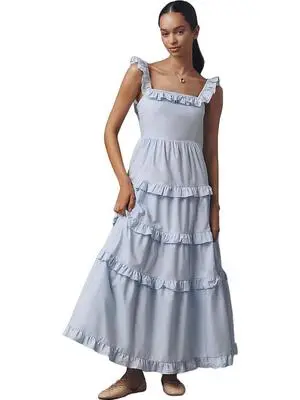 English Factory Square-neck Tiered Ruffle Midi Dress - Blue