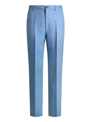 Etro Elastic-Waist Linen Trousers Blue