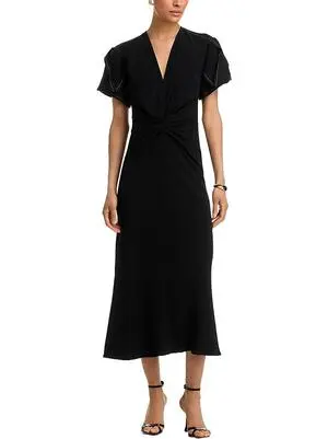 Victoria Beckham V Neck Gathered Front Midi Dress - Black