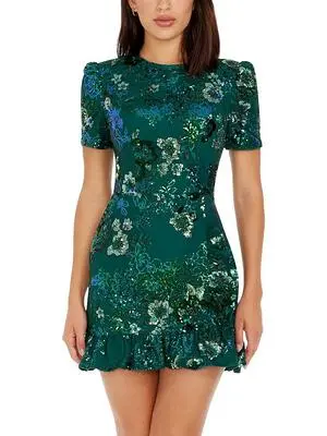 Dress The Population Floral Sequin Mini Dress - Deep Emerald