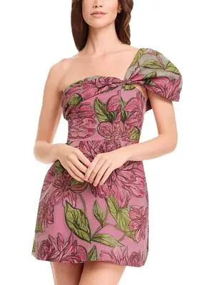 Dress The Population Floral One Shoulder Mini Dress - Bright Fuchsia