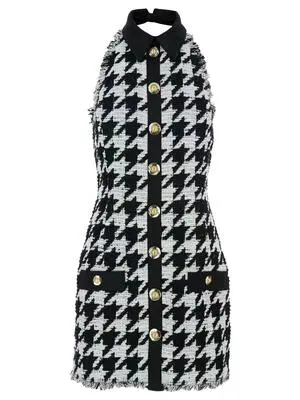 Balmain Houndstooth Mini Dress With Gold-tone Buttons - Black