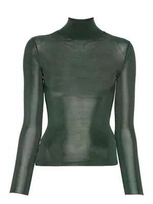SELF-PORTRAIT Ribbed Turtleneck Top - Green