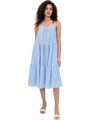 LE BOP Gingham Seersucker Midi Dress Blue & White Gingham