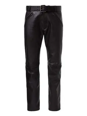 Saint Laurent Belted Straight Leather Pants - Black