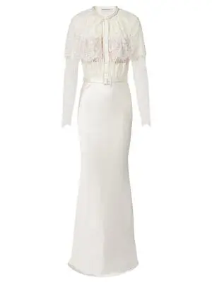 SELF-PORTRAIT Caped Lace And Satin Maxi Dress - White