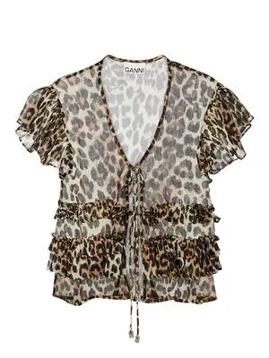 GANNI Leopard-print Ruffled Chiffon Blouse - Multicoloured