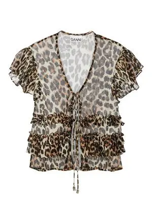 GANNI Leopard-print Ruffled Chiffon Blouse - Multicoloured