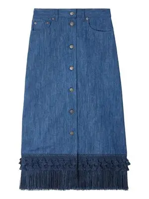 Valentino Garavani Tasseled Fringed Denim Midi Skirt - Blue