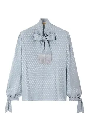 Valentino Garavani Fringed Tie-neck Silk-jacquard Blouse - Blue