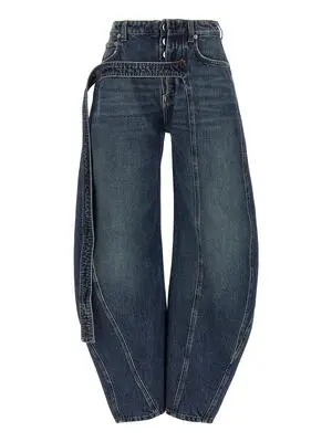 Jean Paul Gaultier Cotton Denim Jeans With Strap Detail - Light Blue