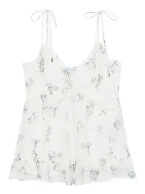 The Kooples Floral-print Woven Cami Top With Ruffle Trim - White / Sky Blue