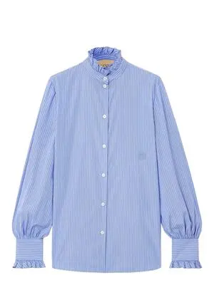 Valentino Garavani Ruffled Striped Cotton-poplin Shirt - Blue