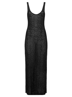 Philipp Plein Tulle Monogram Strass Midi Dress - Black