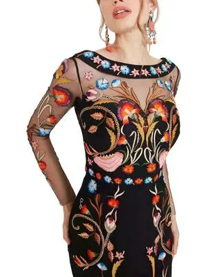 TEMPERLEY LONDON Floral-embroidered Long Sleeve Dress - Black