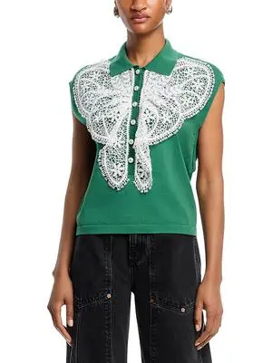 Essentiel Antwerp Lace Embellished Knit Polo Top - Aqua Azul