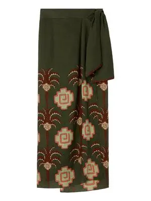 Johanna Ortiz Printed Linen Wrap Skirt - Green,chocolate,pink