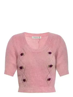 Alessandra Rich Rose-embellished Short-sleeved T-shirt - Pink