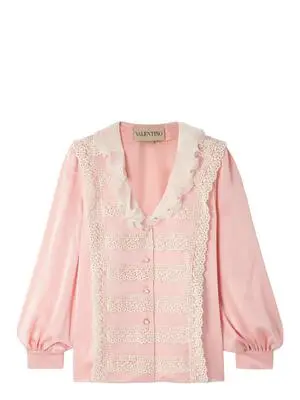 Valentino Garavani Lace And Plissé Chiffon-trimmed Silk-crepe Blouse - Pink