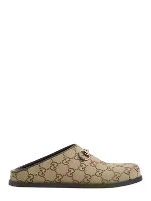 Gucci Gg Monogram Horsebit Flat Mules - Brown